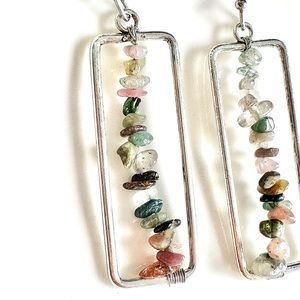 Jewelry | 23 Stacked Stone Bead Earrings Silver Rectangle Wire Dangle ...